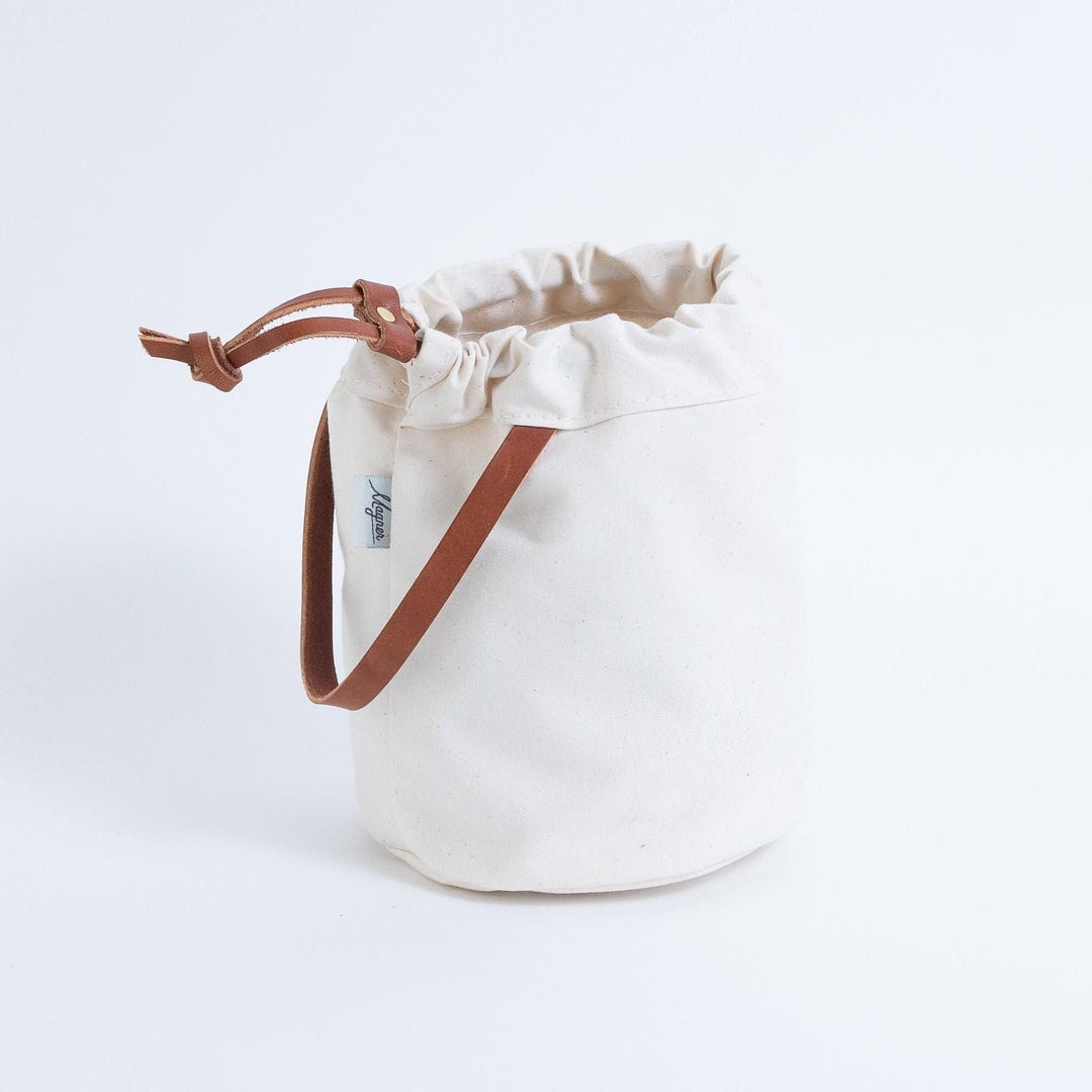 Canvas Knitting Project Bag: Small Sock, Hat Holder With Leather Handle ...