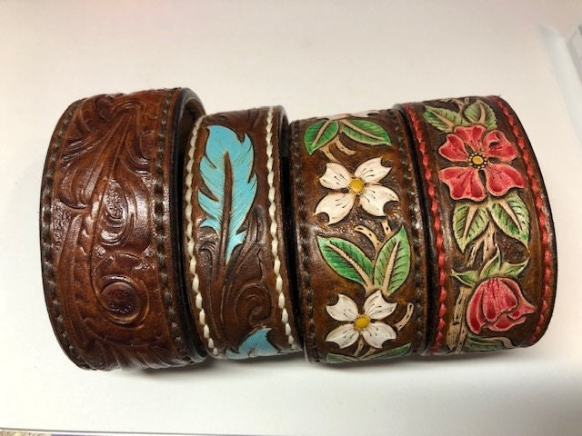 Handmade Leather Cuff Bracelet - Hand Carved, Painted and Stitched - Etsy