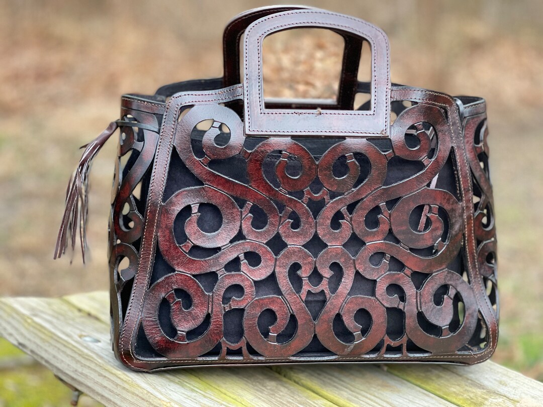 Hand-tooled Leather Tote, Cut-out Hand-tooling, Large Tote nota by ALLE ...