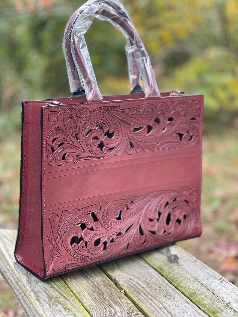 Hand Cut-out Tooling Leather Tote Bag Hand-tooled Purse - Etsy