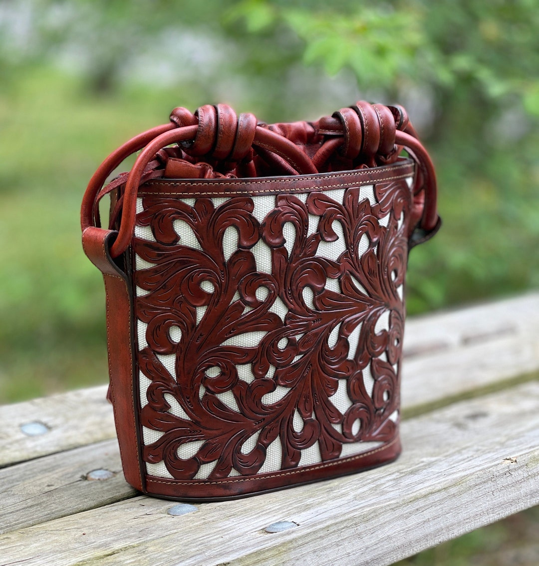 Hand-tooled Leather Crossbody Bag “EDELMIRA” – Western Barrel Purse ...