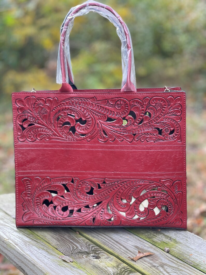 Hand Cut-out Tooling Leather Tote Bag Hand-tooled Purse - Etsy