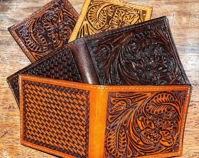 Genuine Leather Bifold Floral Wallet for Men Women Western Wallet ...
