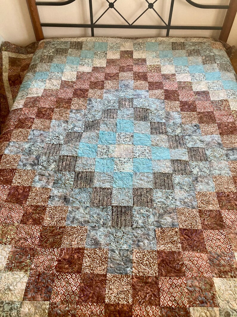 Blue and Brown Queen Size Quilt. Ready to Ship Handmade Quilt. Trip ...