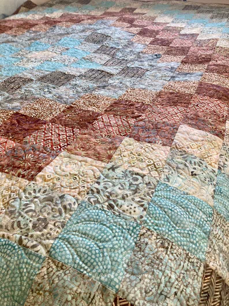 Blue and Brown Queen Size Quilt. Ready to Ship Handmade Quilt. Trip ...