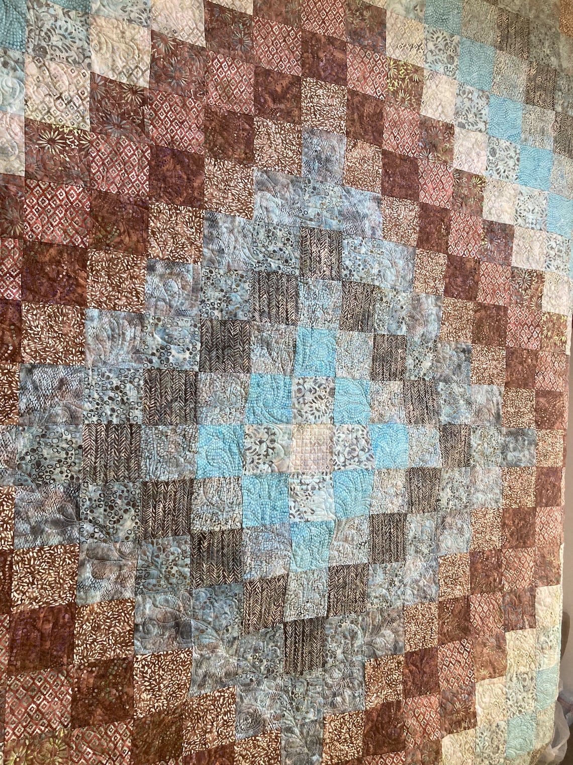 Blue and Brown Queen Size Quilt. Ready to Ship Handmade Quilt. Trip ...