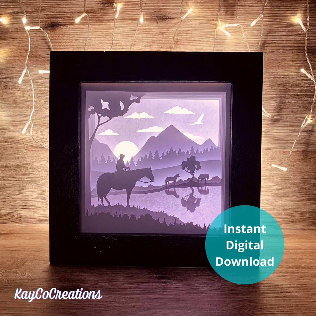 Horses in Valley 3D Paper Cutting Light Box Shadow Box Template, 3D ...