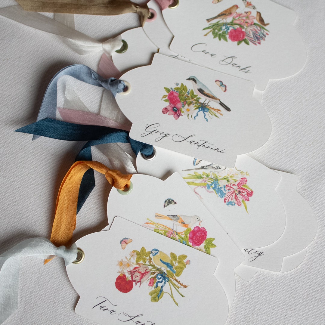 SET OF 9 Custom Name Cards With Silk Ribbon and Grommets Painted Birds ...