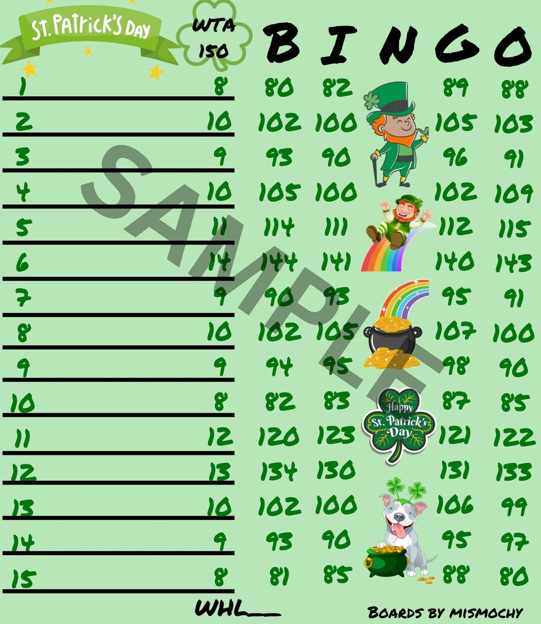 150 WTA Leprechaun Bingo Board - Etsy