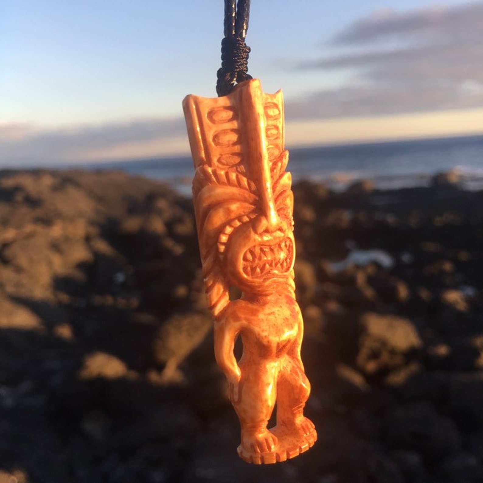 Hawaiian Tiki Necklace Handmade Bone Carved Pendant. | Etsy