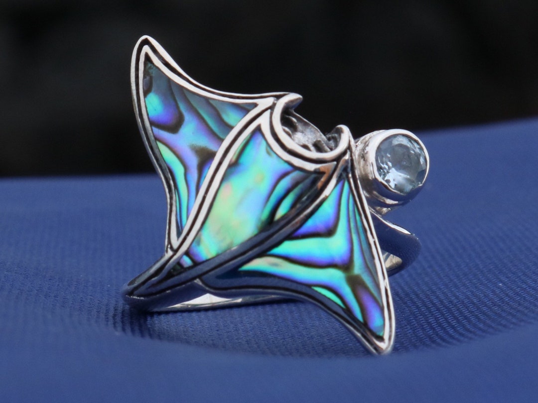 Manta Ray Ring Hawaiian Hahalua. Abalone Paua Shell. Blue Topaz ...