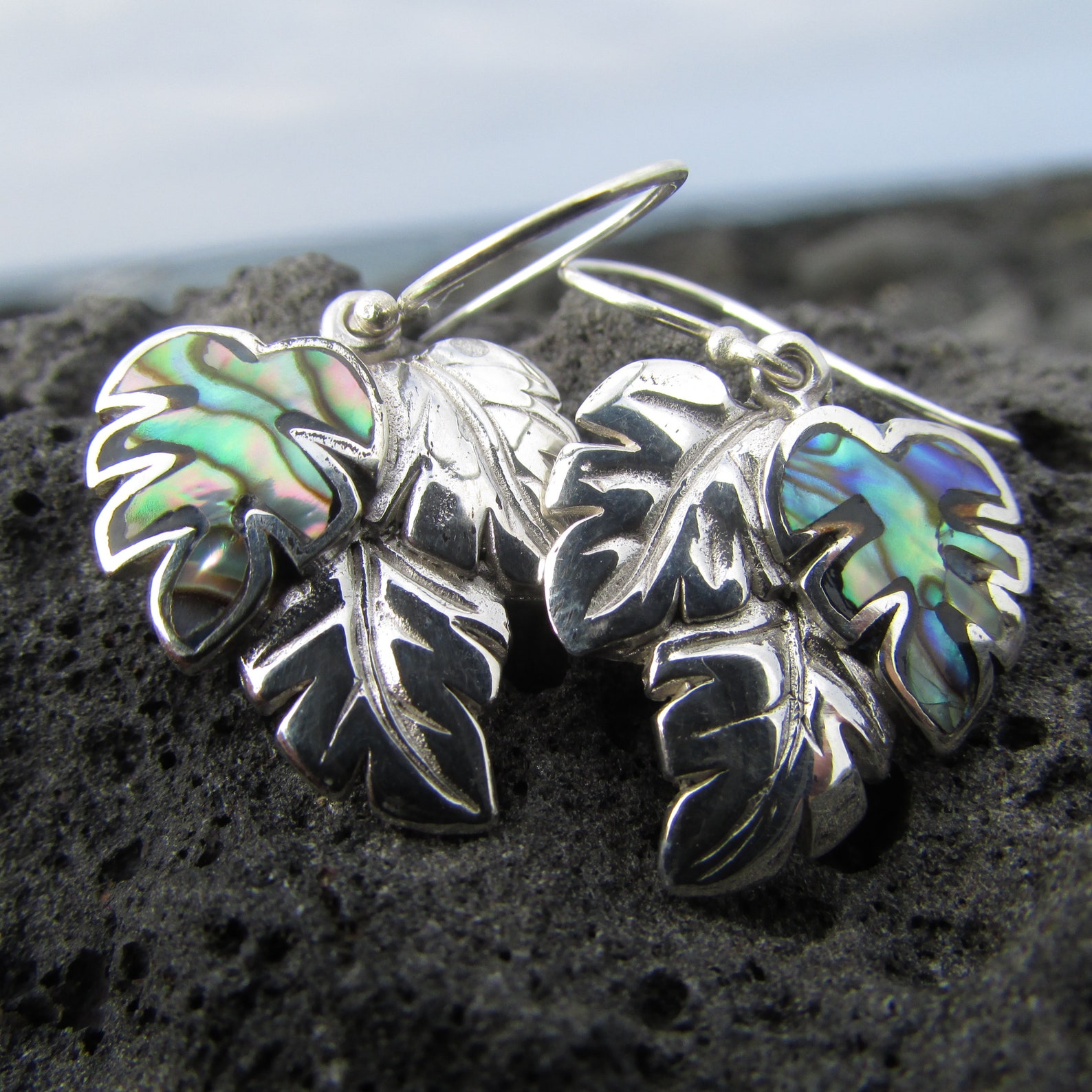 Monstera Leaf Earrings | Paua Shell | Sterling Silver | Ocean | Beach ...