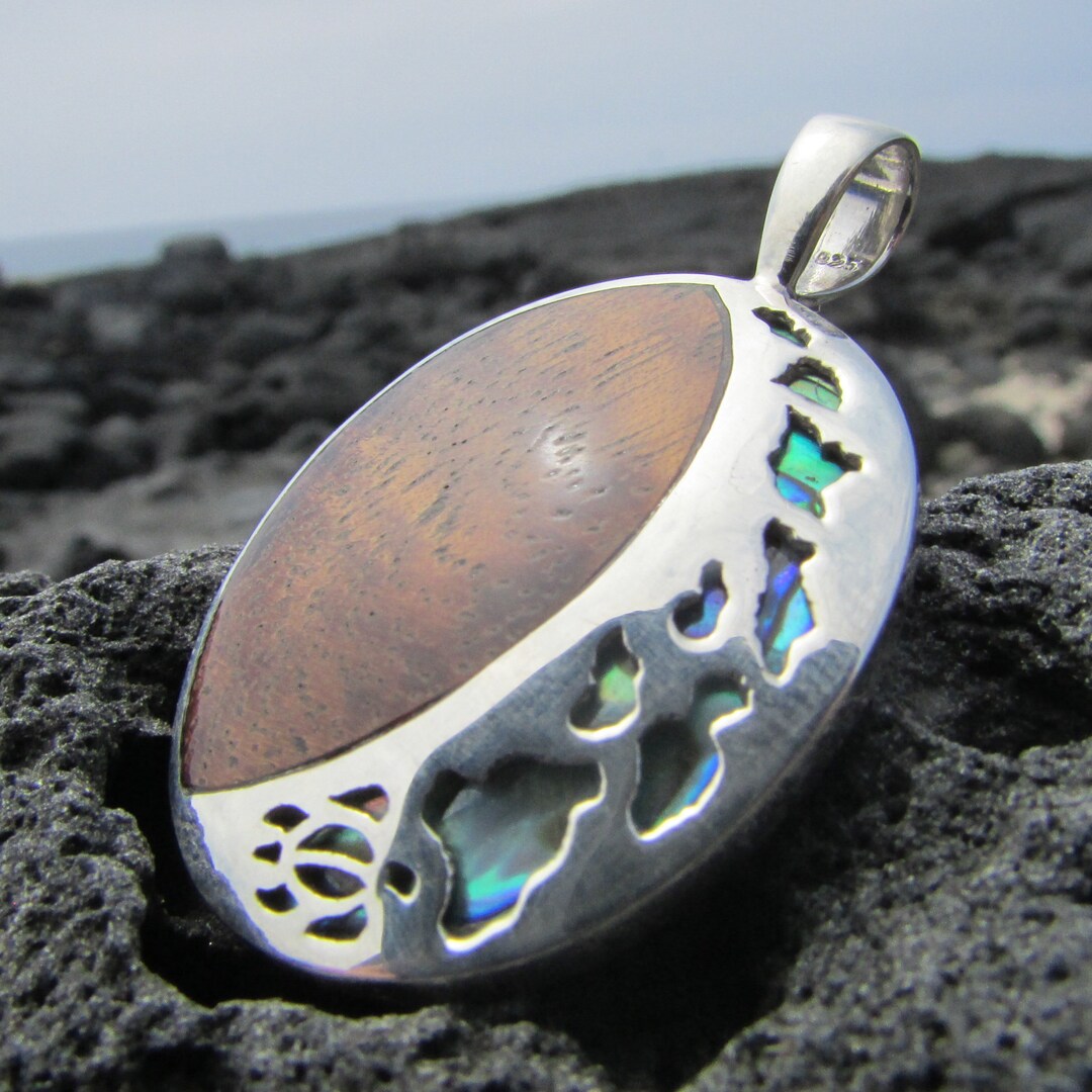 Hawaii Islands Chain Necklace Pendant Small | Koa Wood | Paua Abalone ...
