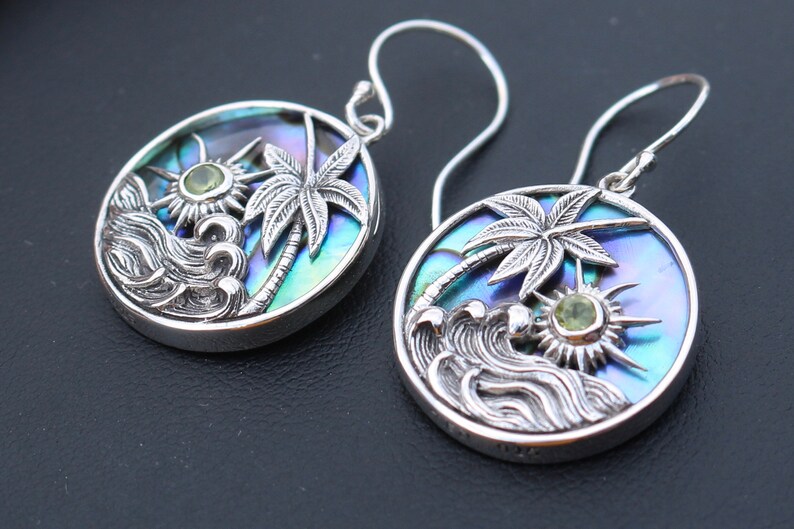 Hawaiian Sunset Wave Palm Tree Peridot Abalone Shell Earrings. - Etsy