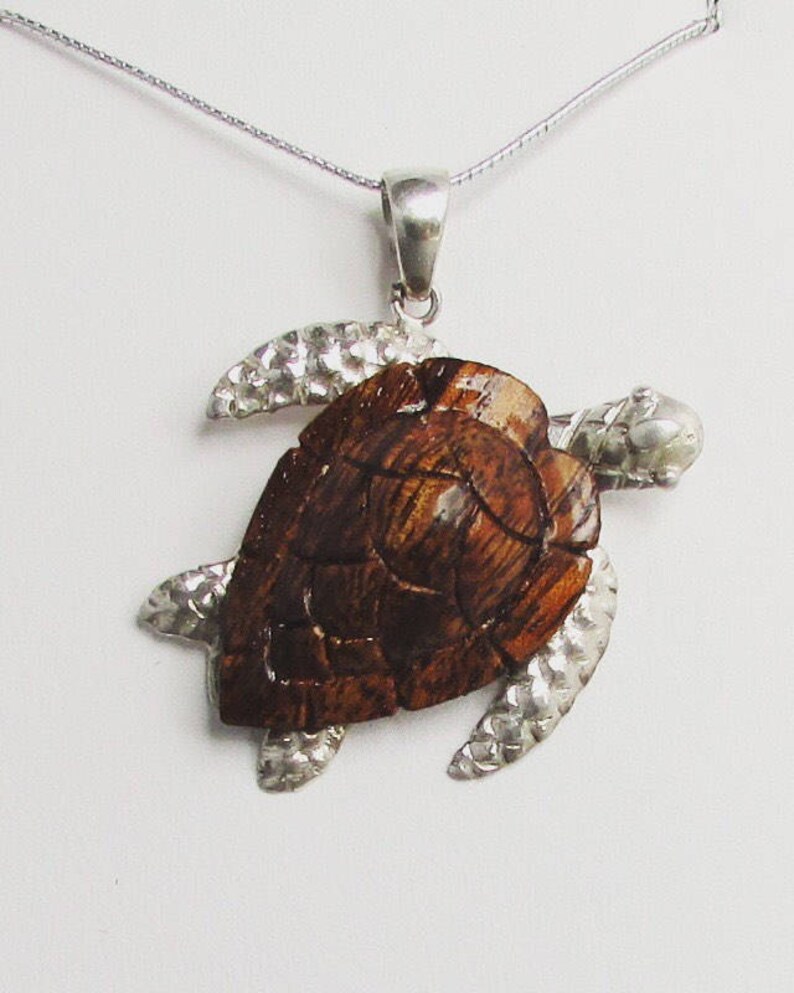 Sea Turtle Necklace Pendant Medium | Sterling Silver | Hawaiian Koa ...