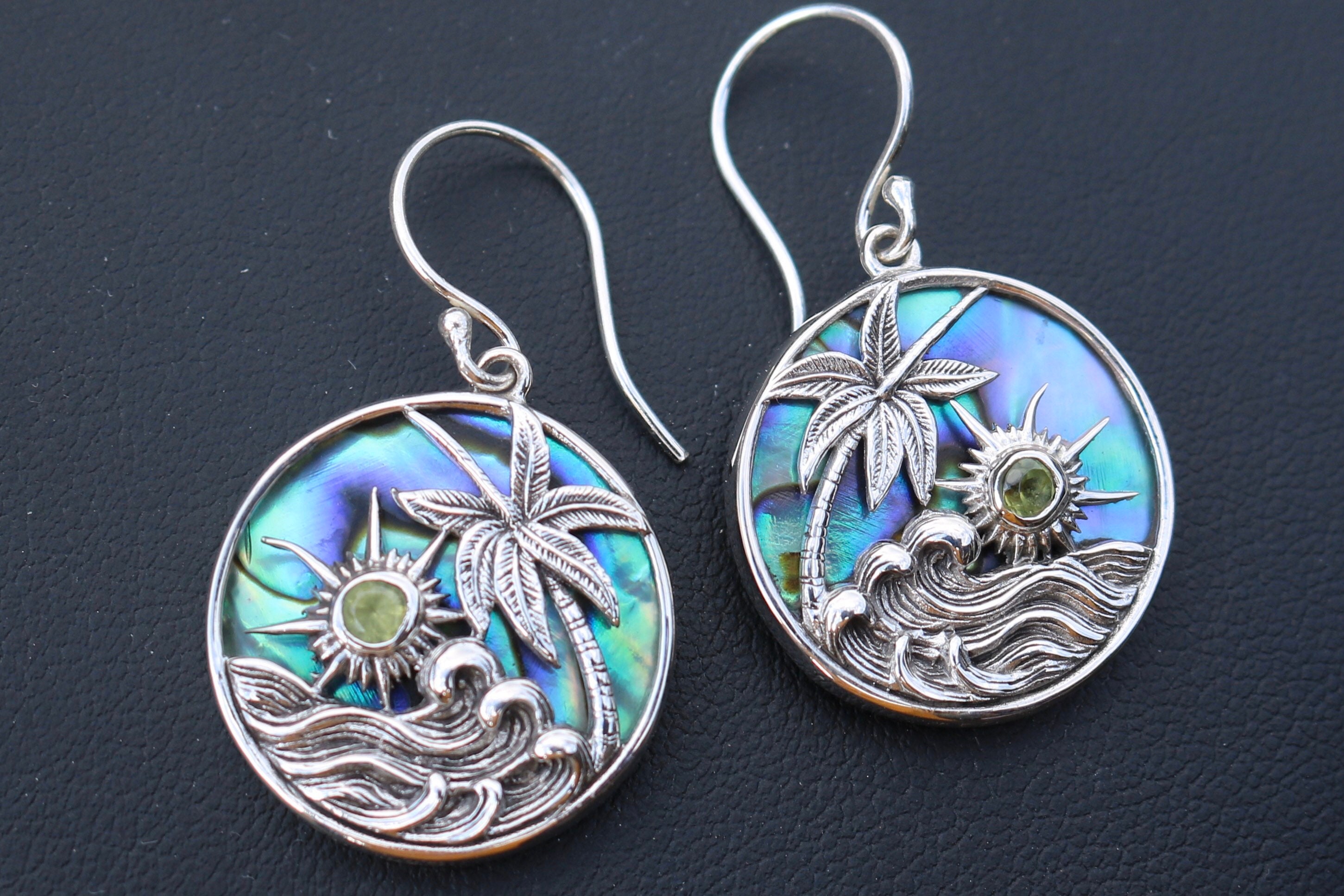 Hawaiian Sunset Wave Palm Tree Peridot Abalone Shell Earrings. | Etsy