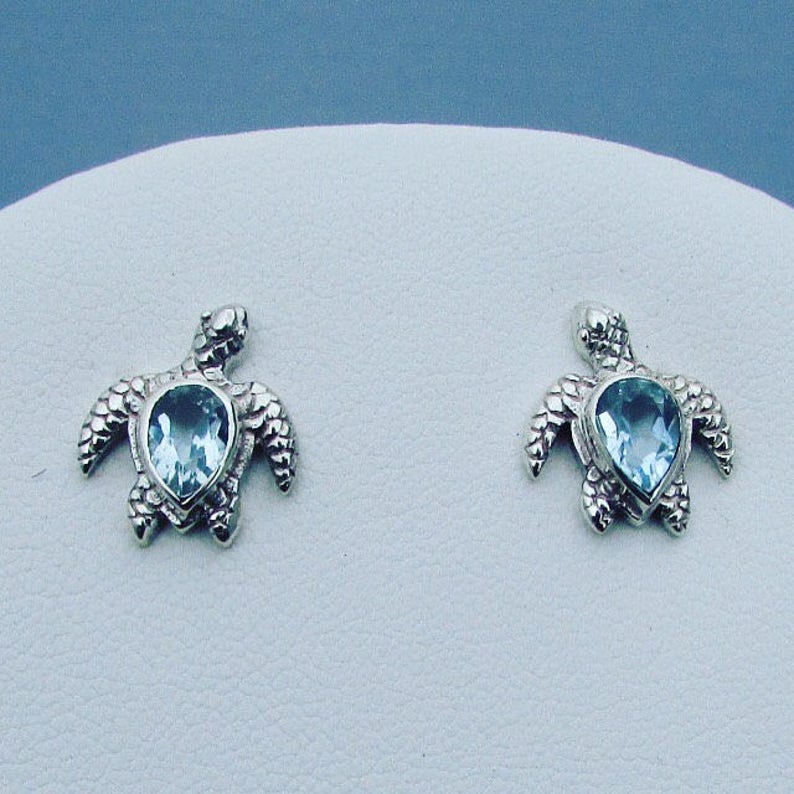 Sea Turtle Stud Earrings Blue Topaz Sterling Silver - Etsy