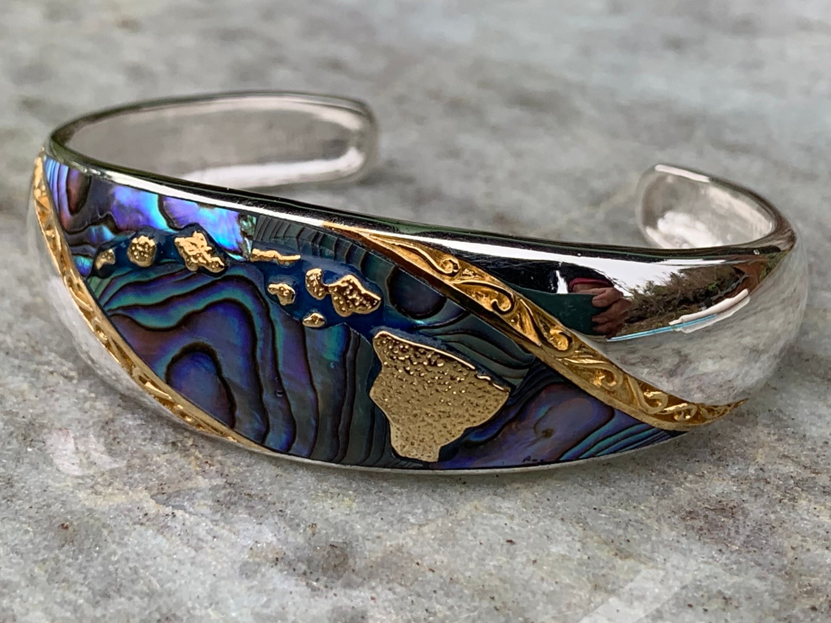 Hawaiian Islands Cuff Bracelet, Abalone Paua Shell, Sterling Silver ...