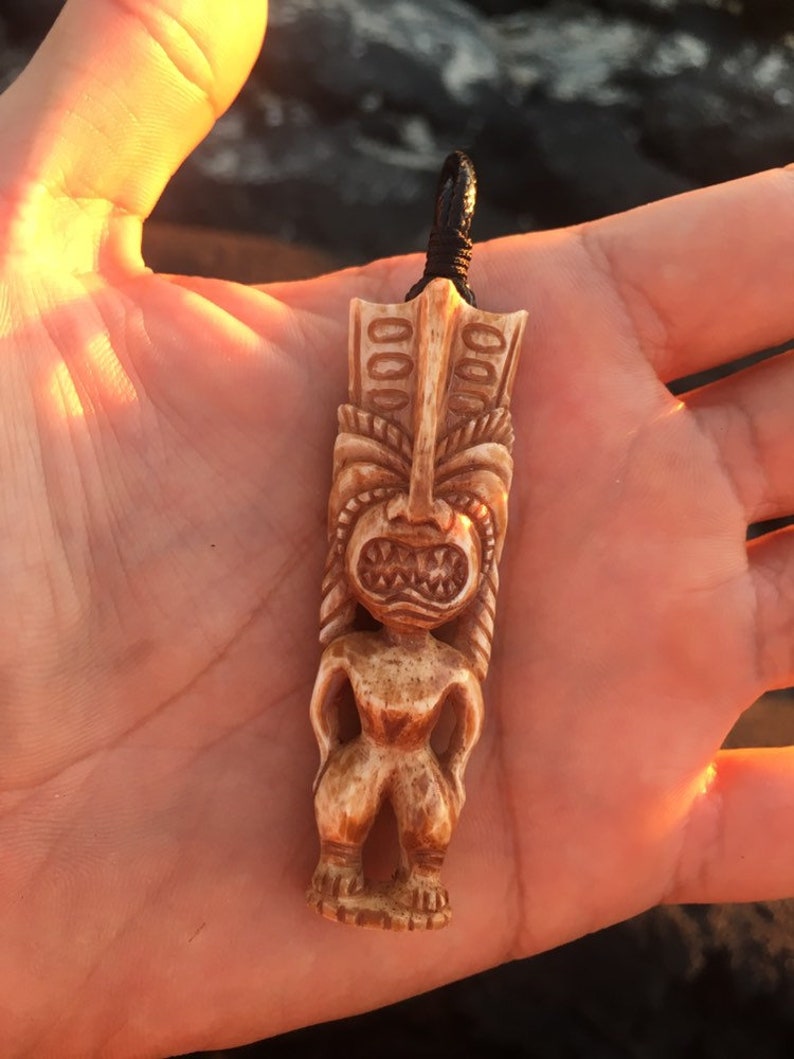 Hawaiian Tiki Necklace Handmade Bone Carved Pendant. | Etsy