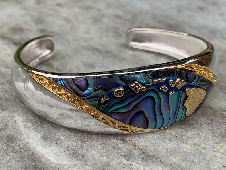 Hawaiian Islands Cuff Bracelet, Abalone Paua Shell, Sterling Silver ...