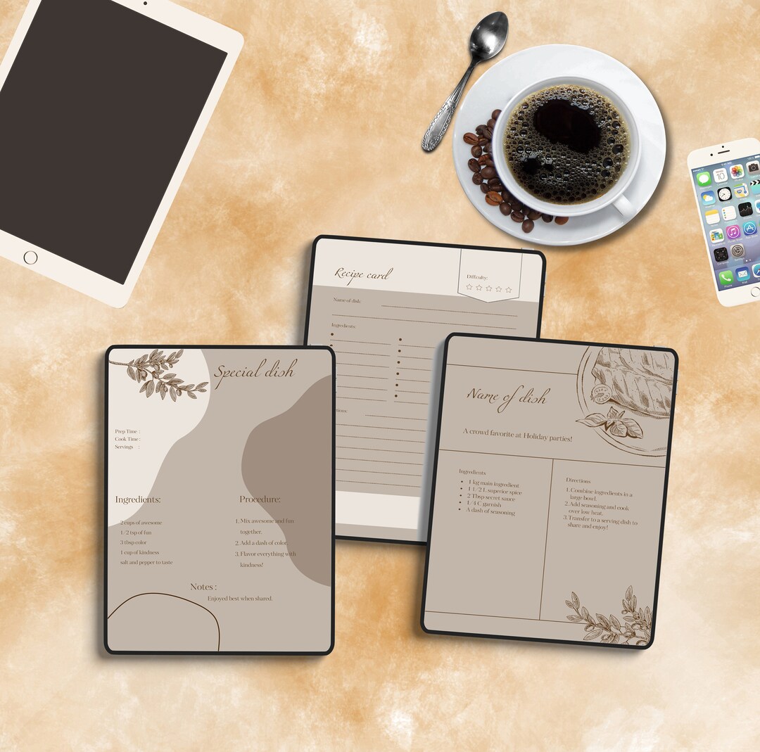 Editable Blank Recipe Template Bundle Gray Brown Minimalist Recipe Card ...