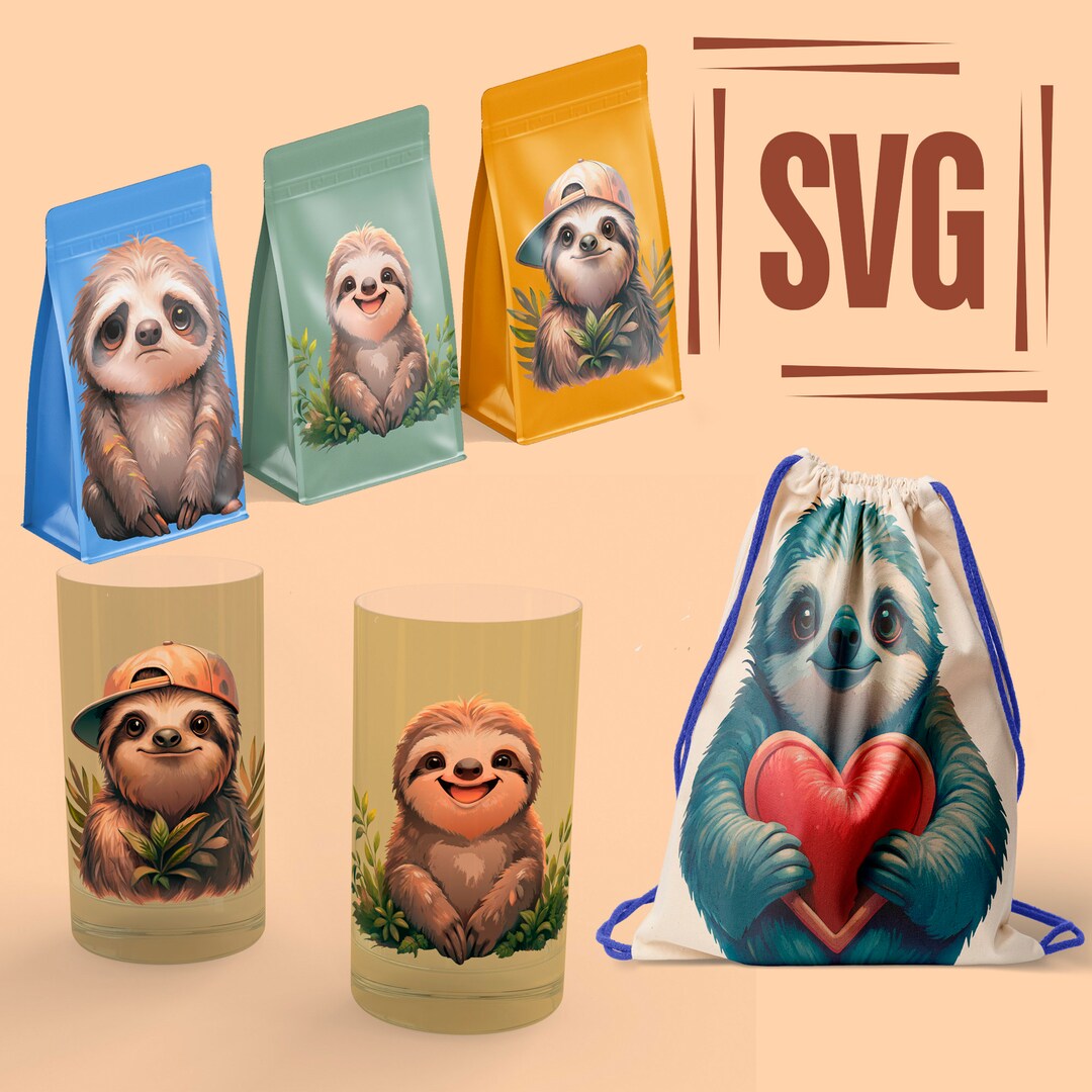 Sloth Cricut SVG Files Animal Portrait Clipart Set 12 Pack Digital ...