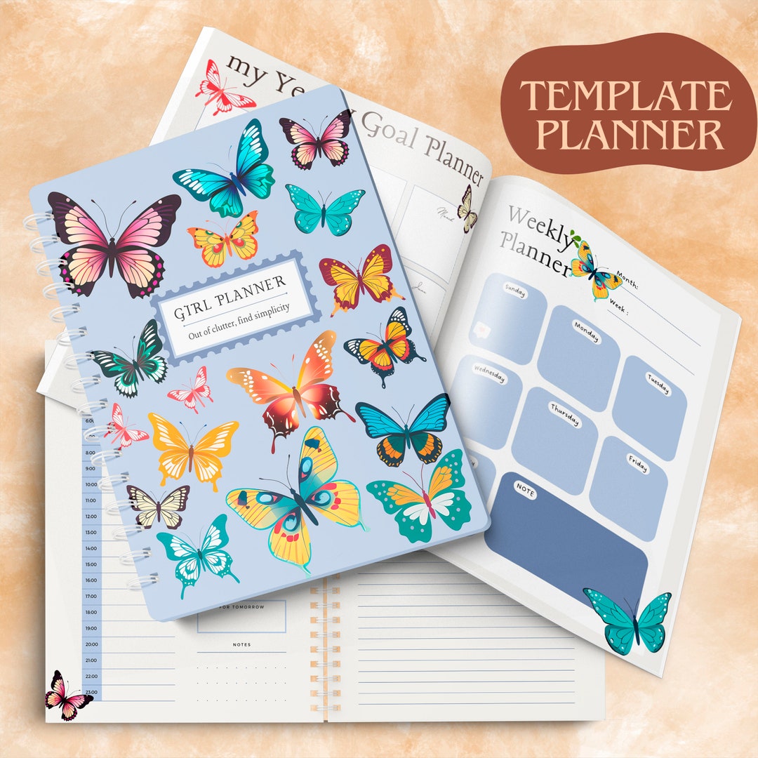 Butterfly Girl Planner 2024 Calendar Template Yearly Monthly Weekly ...