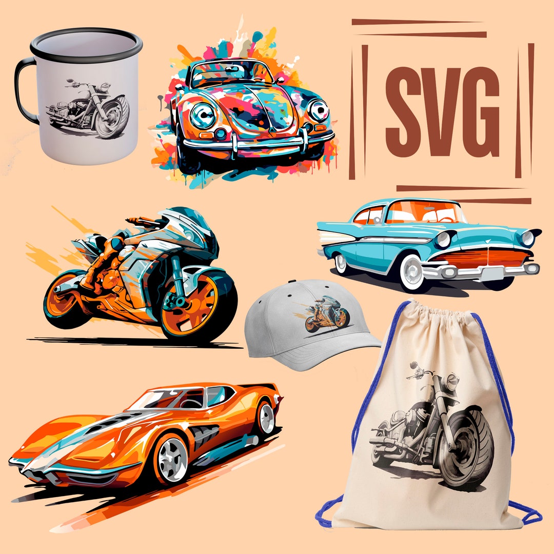 Car Motorcycle Bike Clipart Cricut SVG Files Set 8 Pack Digital Fantasy ...