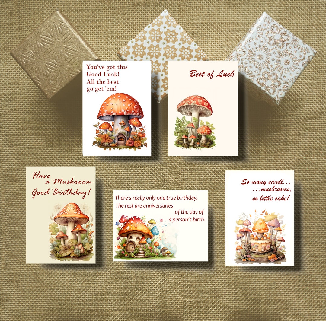 Mushroom Birthday Card Bundle Digital Greeting Cards Pack Set of 5 Art ...