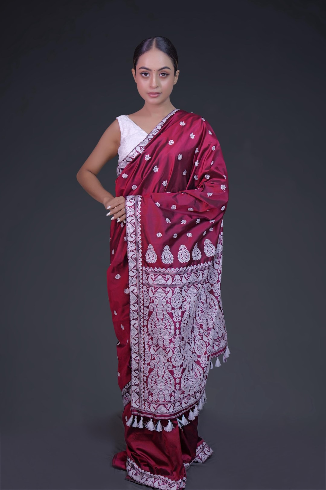 Assam Silk Saree/assam Silk/pat Saree/wine Colour Assam Silk/silk Mark ...