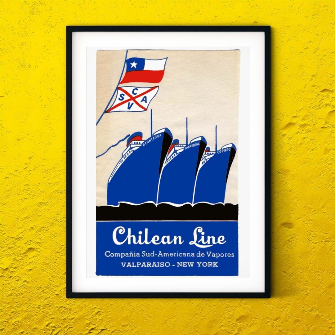 Chilean Line Art Deco Travel Posters, Vintage Travel Boat Print ...