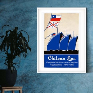 Chilean Line Art Deco Travel Posters, Vintage Travel Boat Print ...