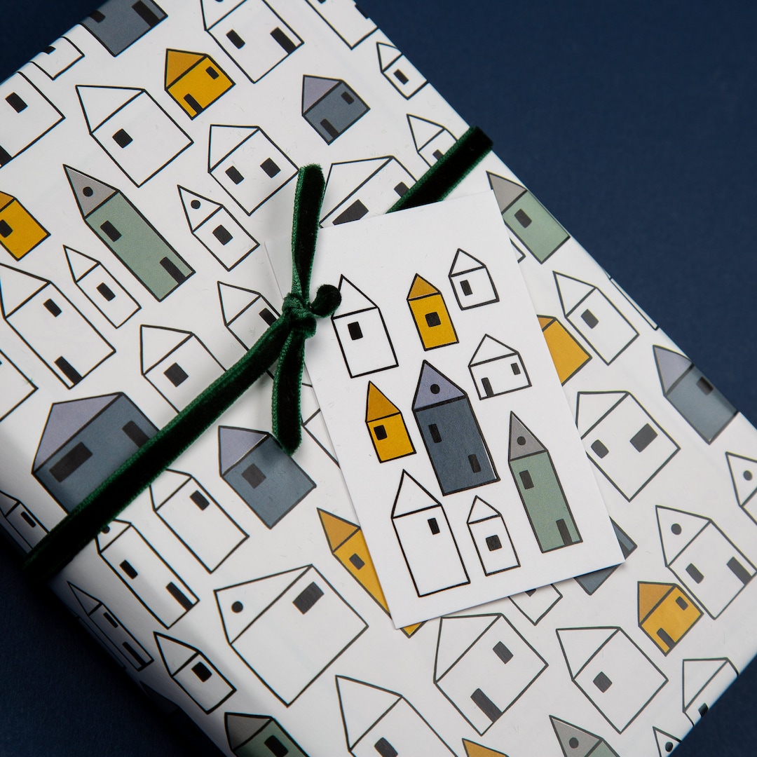 House Wrapping Paper Gift Tag Set; Scandinavian Print House Warming ...