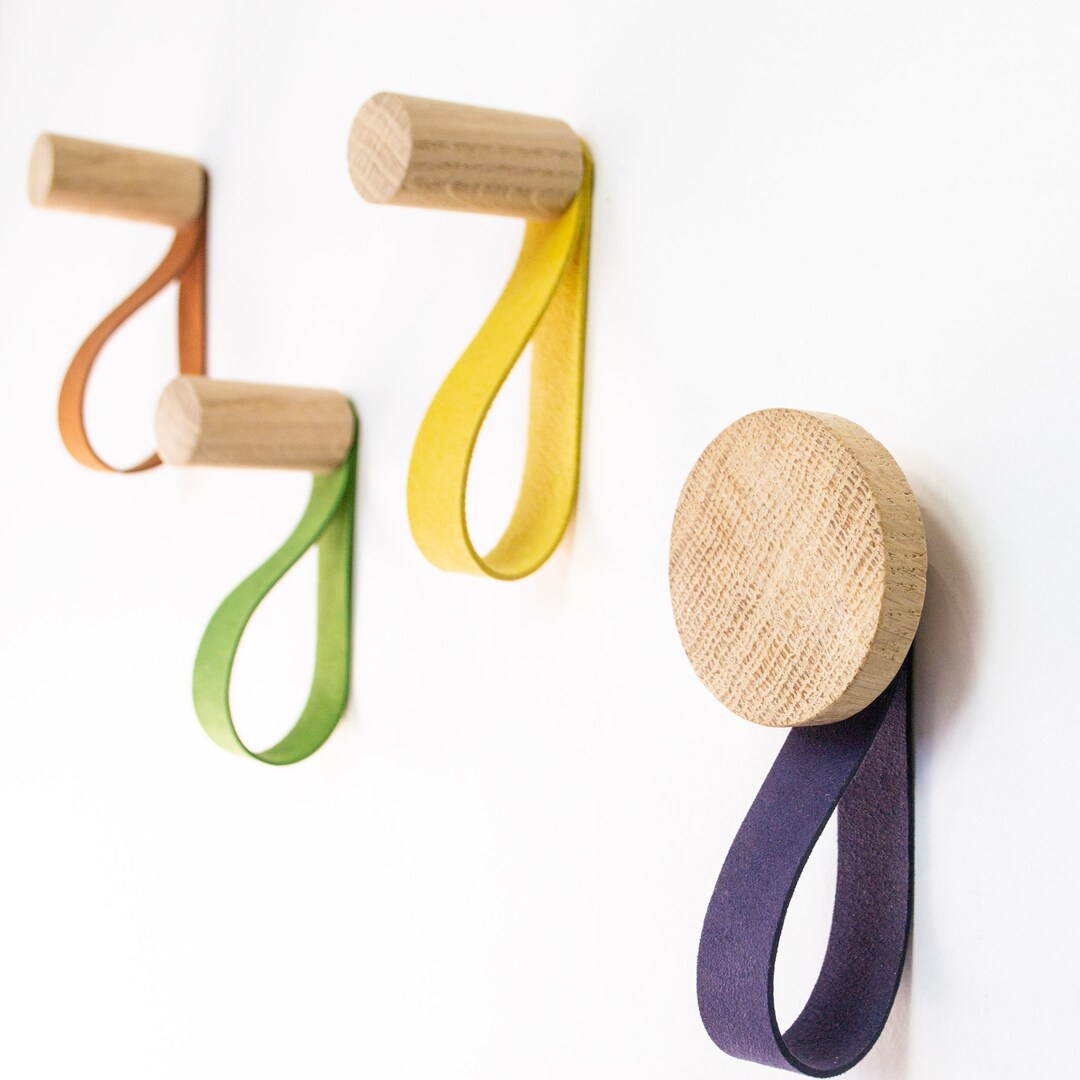 Round Oak Wood Wall Hook With Vegan Leather Strap, Colorful Faux ...