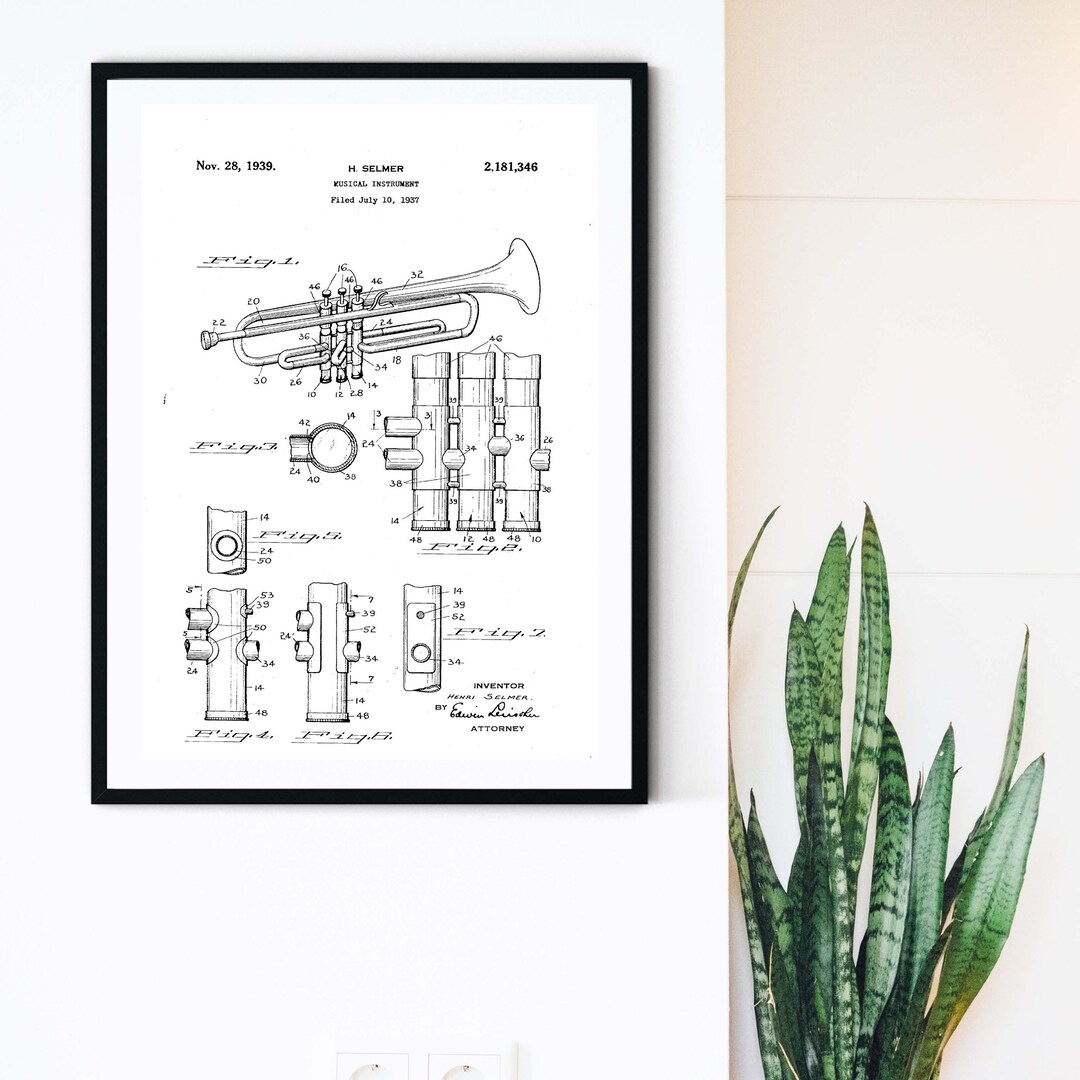 1939 Trumpet Patent Framed Wall Art, A5, A4, A3, A2 Vintage Trumpet ...