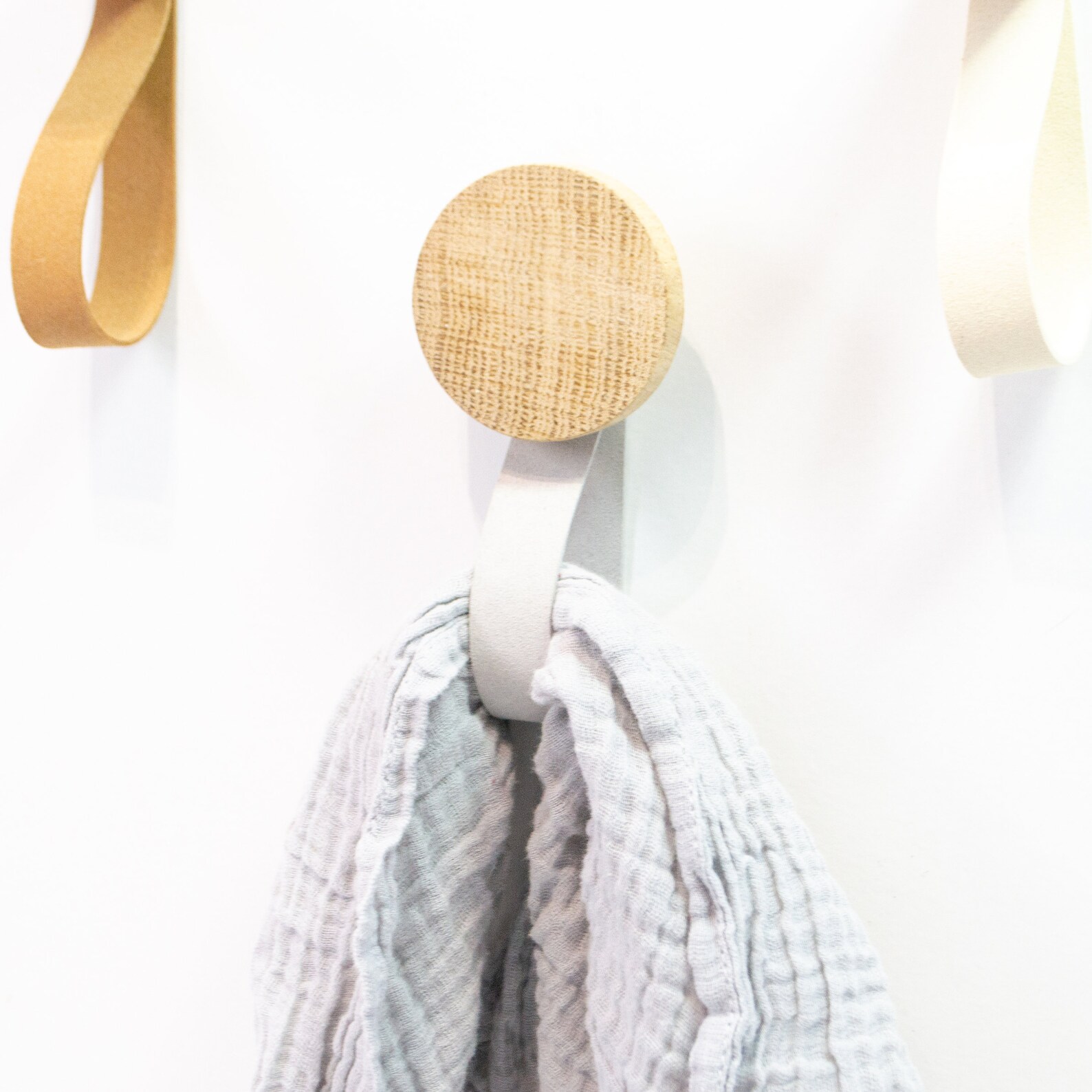 Round Oak Wood Wall Hook With Vegan Leather Strap, Colorful Faux ...
