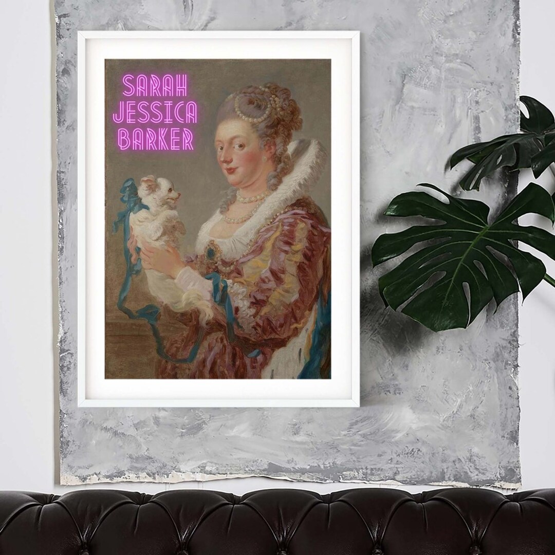 Sarah Jessica Barker Purple Neon Art, Antique Oil Painting Funny Dog ...