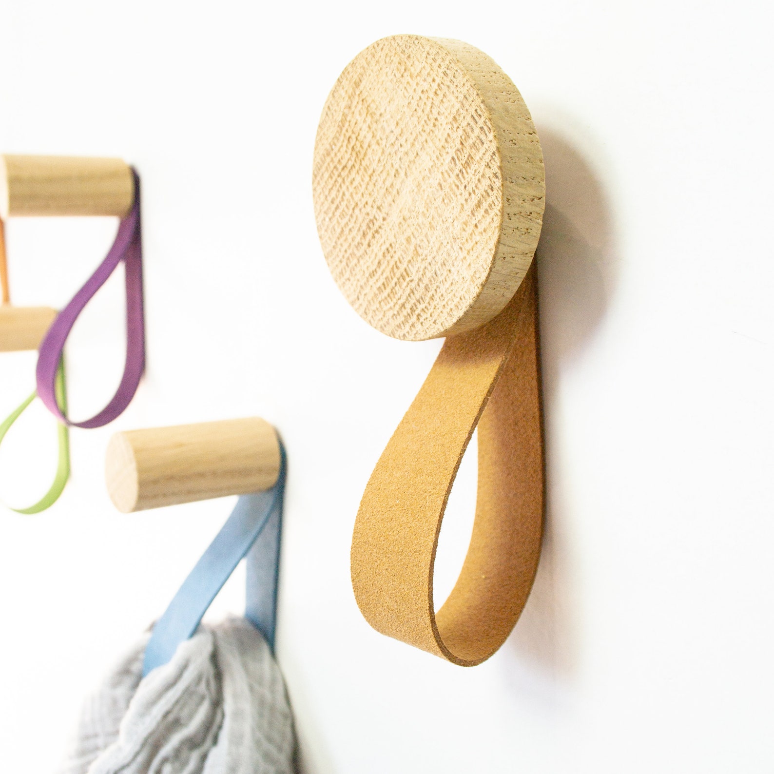 Round Oak Wood Wall Hook With Vegan Leather Strap, Colorful Faux ...