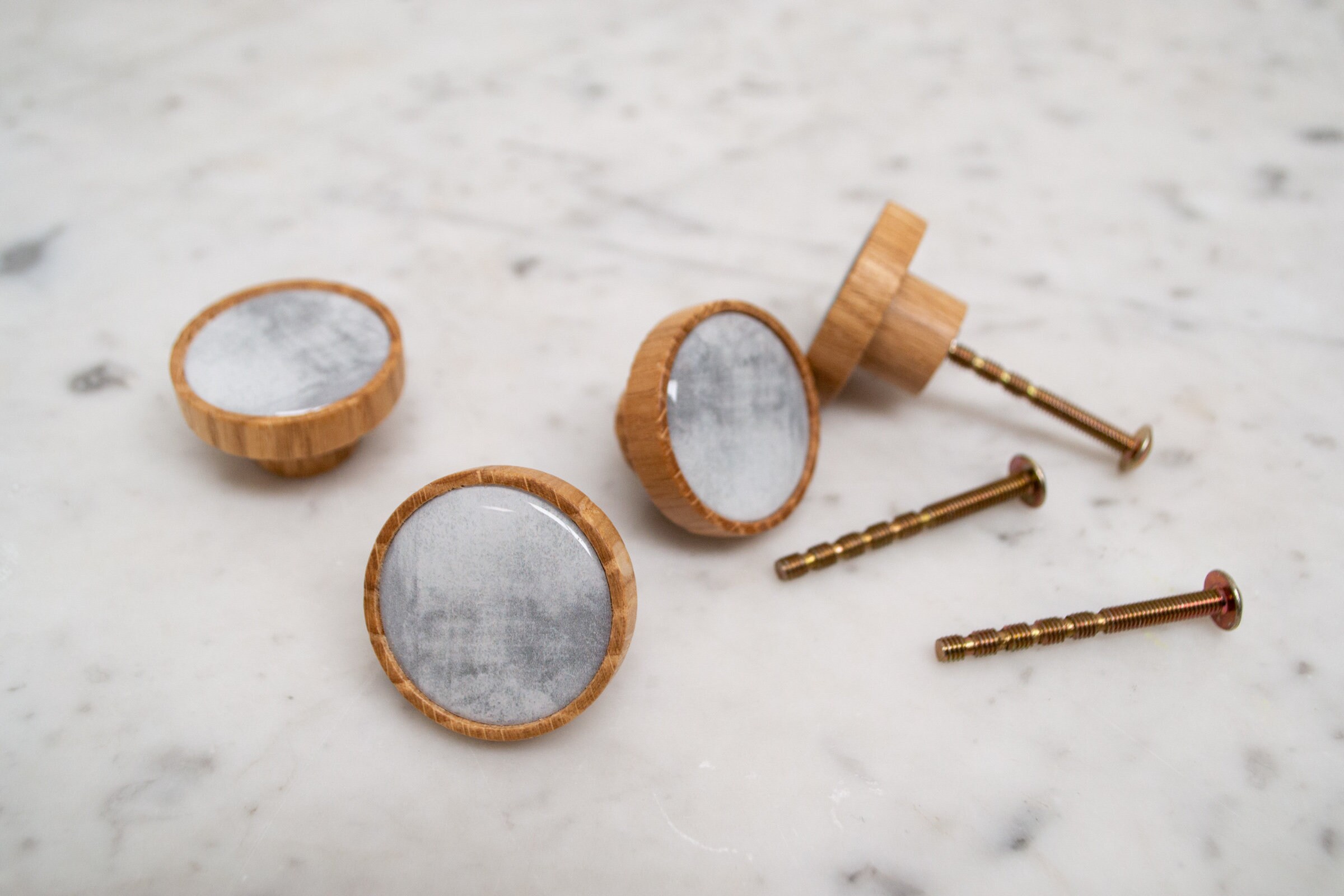 Small Round Marble Knob, Oak Wood Minimalist Handle Modern Cabinet ...