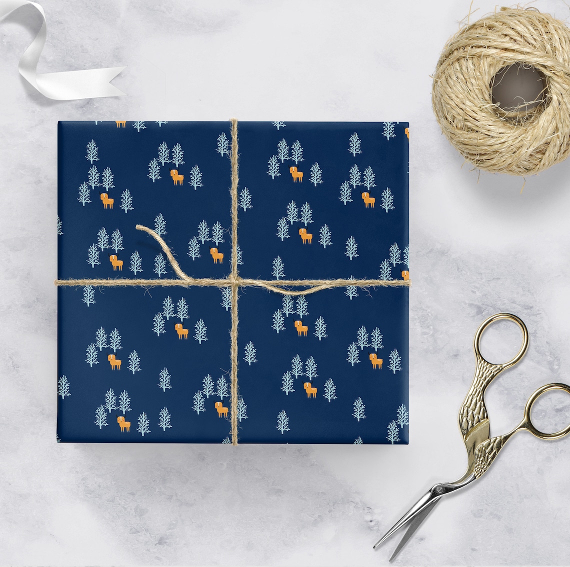 Blue Christmas Print Wrapping Paper Set Christmas Tree | Etsy