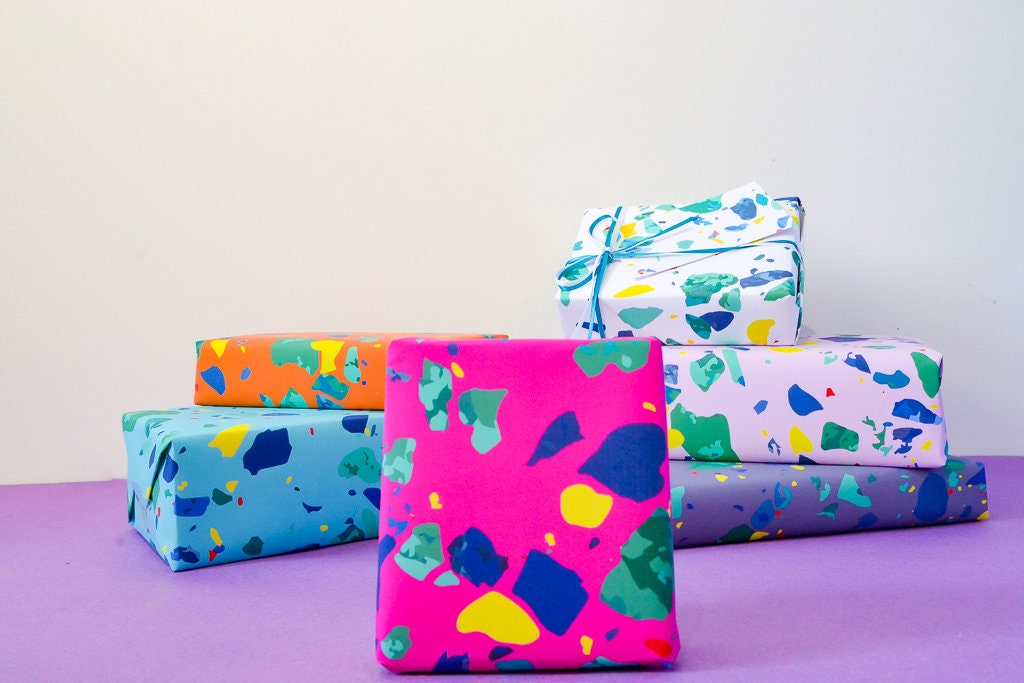 Grey Terazzo Wrapping Paper concrete gift tag Set Colourful | Etsy