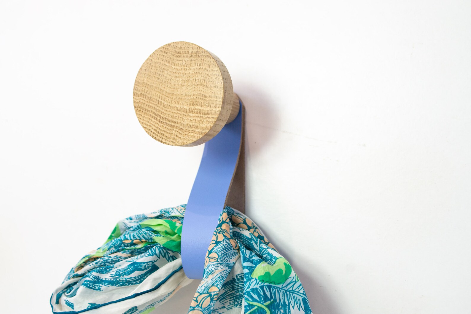 Round Oak Wood Wall Hook With Leather Strap, Colorful Leather Hook ...