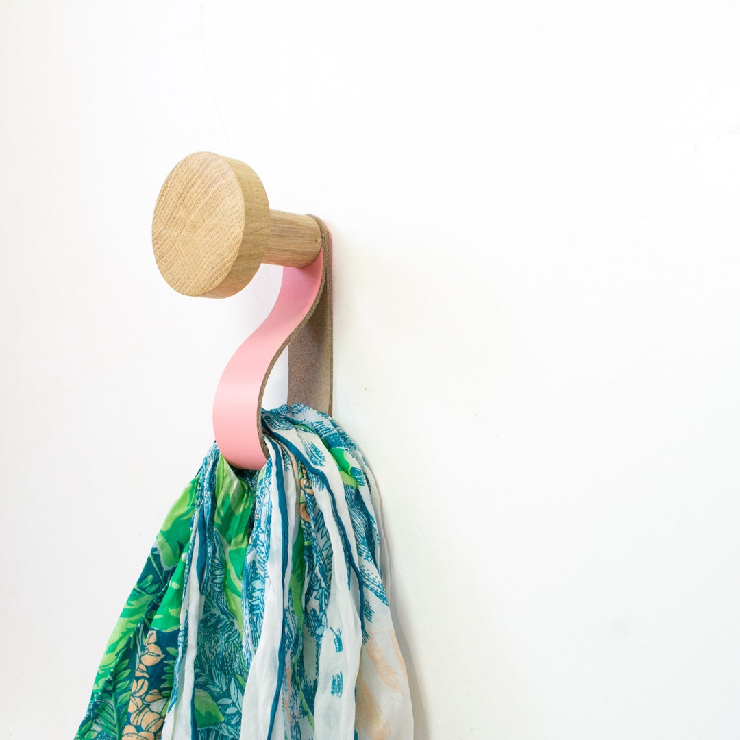 Round Oak Wood Wall Hook With Leather Strap, Colorful Leather Hook ...