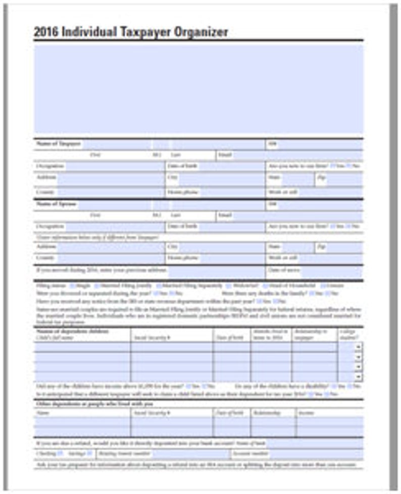 Tax Organizer for Individual Taxpayers INSTANT PDF DOWNLOAD - Etsy