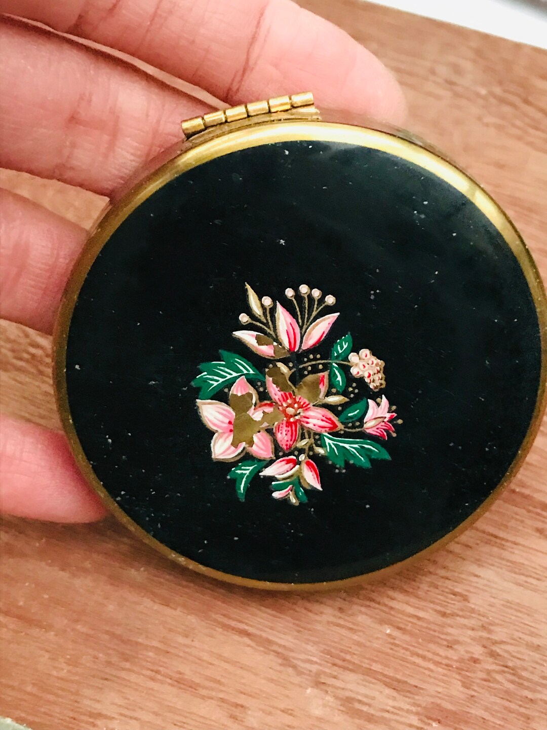 1950 Vintage Retro Powder Compact Black With Coloured Flower Design - Etsy