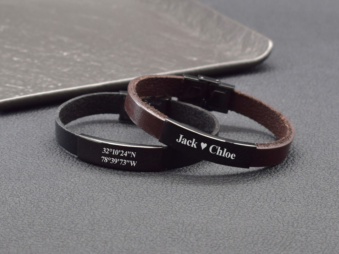 Personalized Men's Bracelet Custom Engraved Bar Plate Leather Cord Mens ...