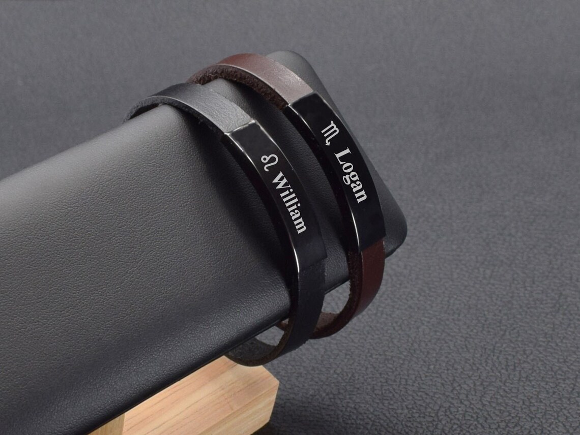 Personalized Men's Bracelet Custom Engraved Bar Plate Leather Cord Mens ...