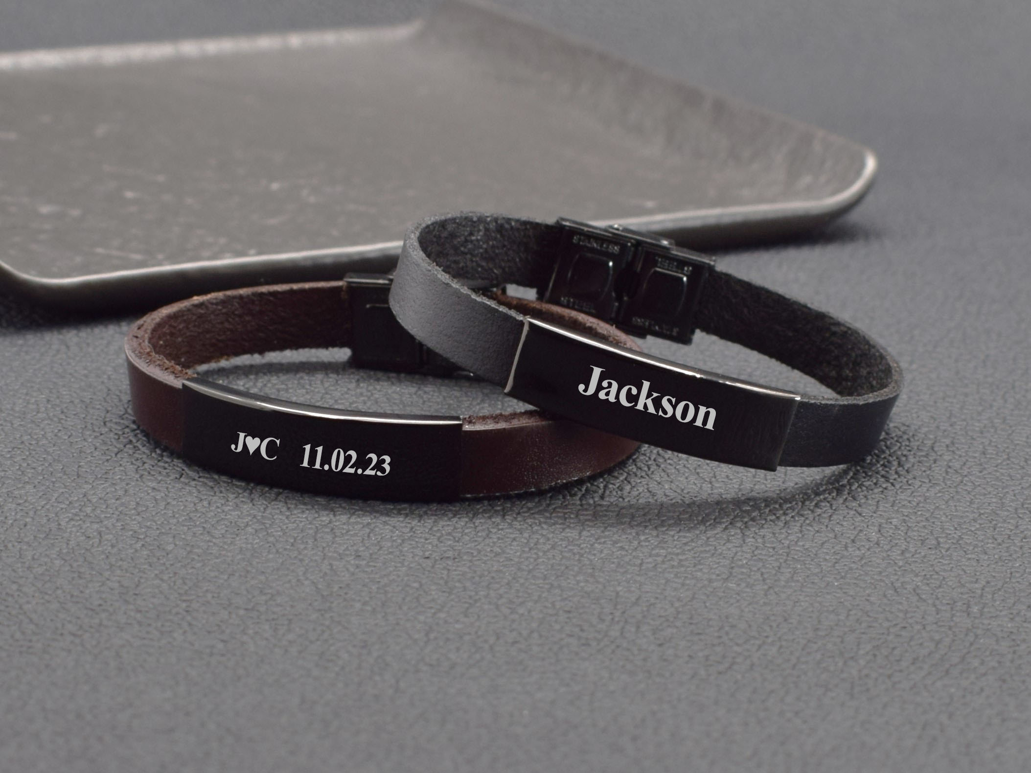 Personalized Men's Bracelet Custom Engraved Bar Plate Leather Cord Mens ...