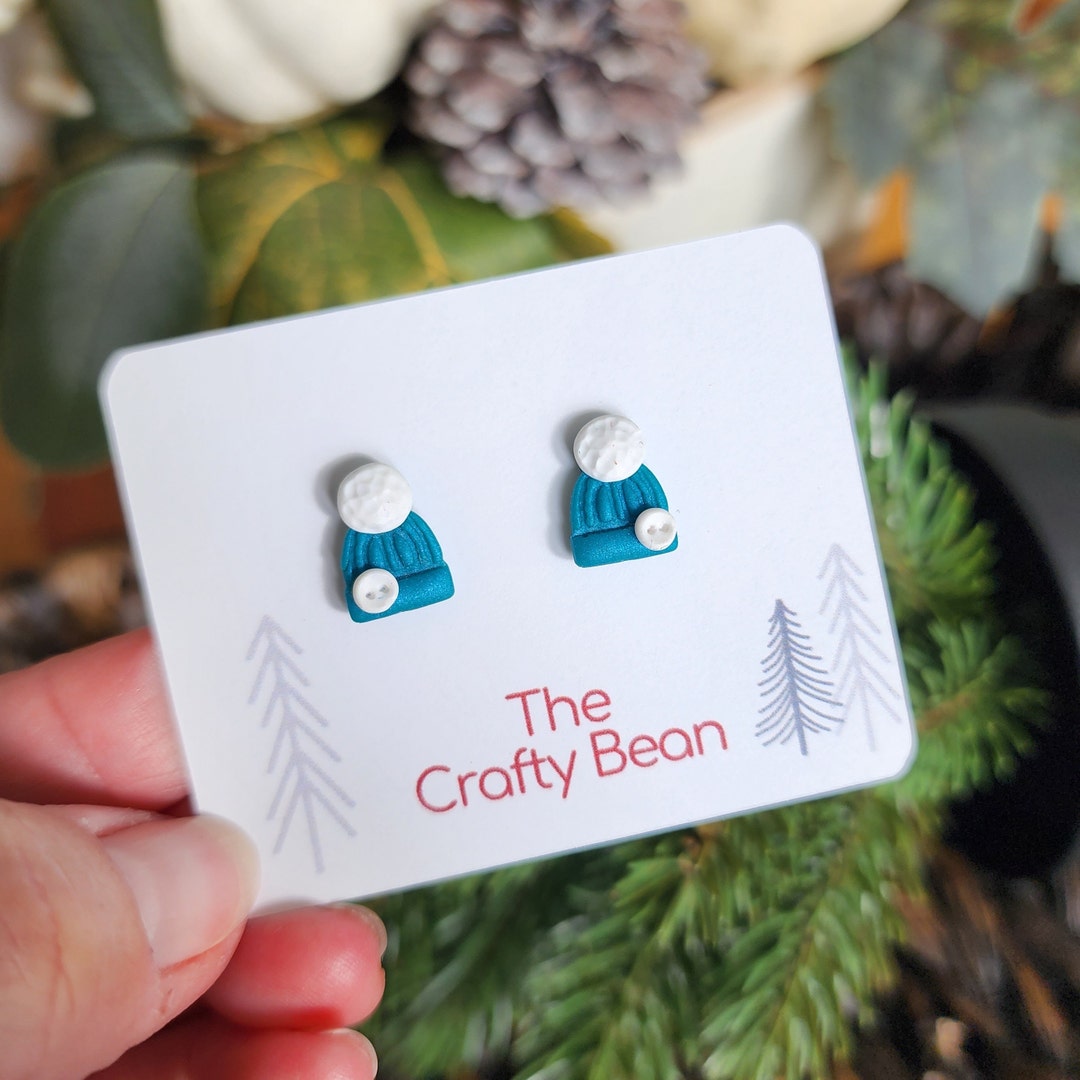 Beanie Hat Stud Earrings With Button Detail. Beanie Earrings. Winter Earrings. Clay Earrings ...