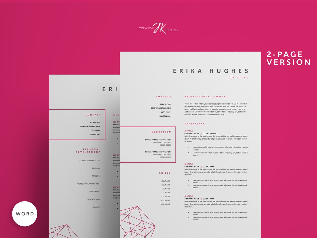 2023 Clean Modern 2 Page Resume CV Word Template Bundle CV Template ...